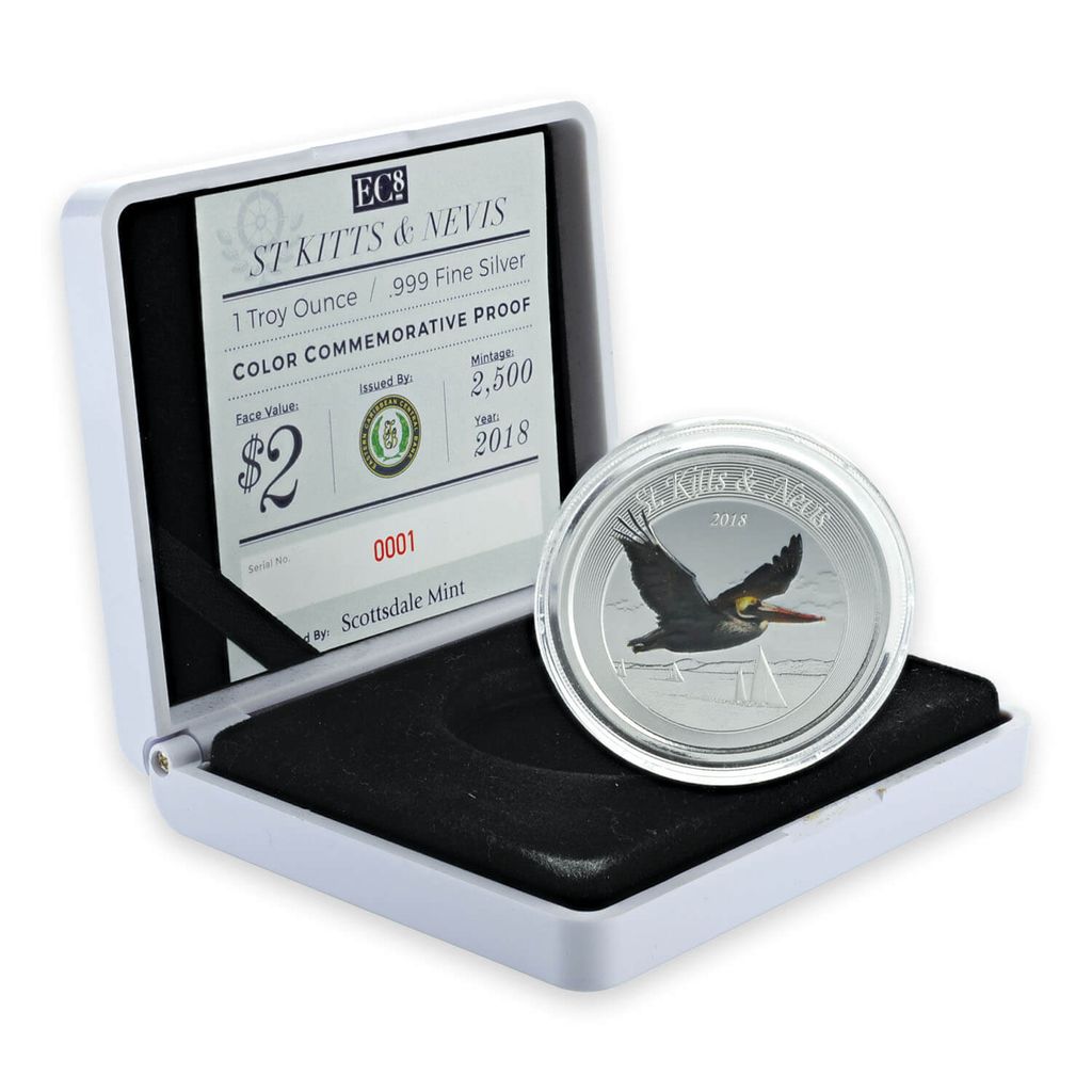 2018 EC8 St. Kitts & Nevis "Brown Pelican" 1 oz Silver Color Coin