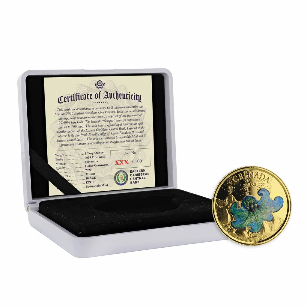 2020 EC8 Grenada "Octopus" 1 oz Gold Color Coin
