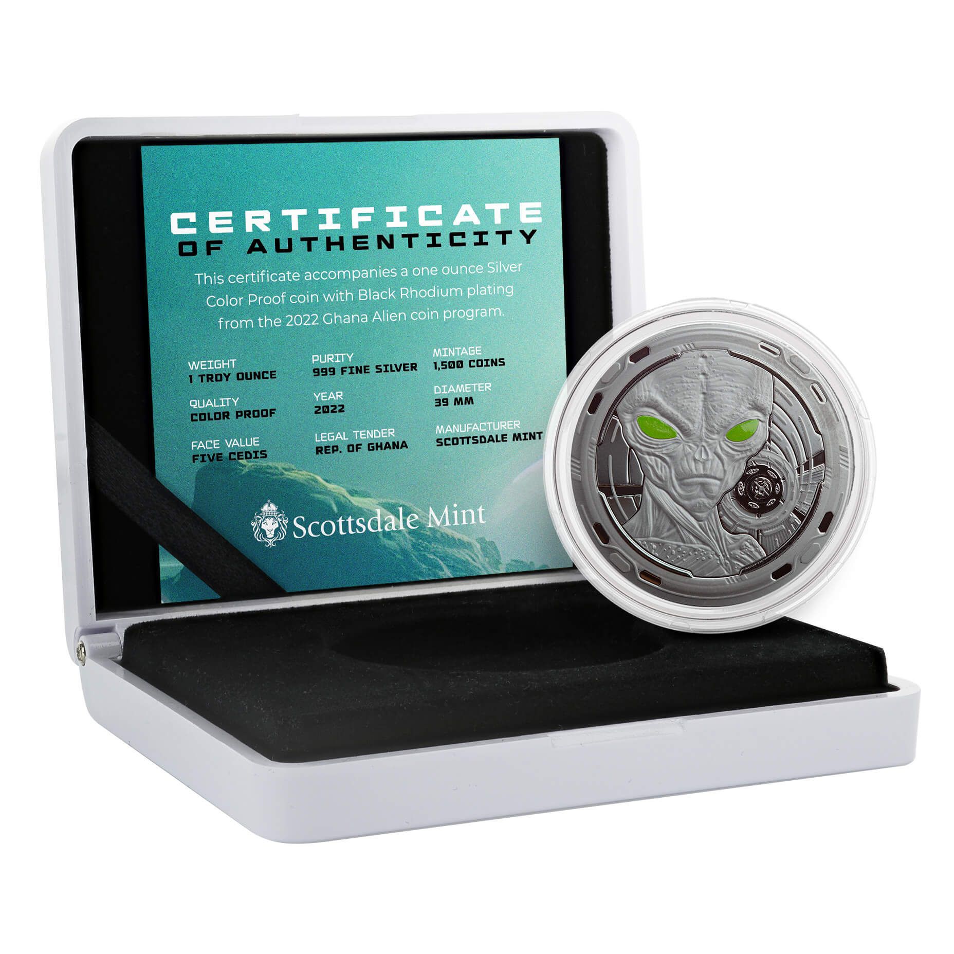 2022 Ghana Alien 1 oz Silver Black Rhodium Plated With UV Color Coin