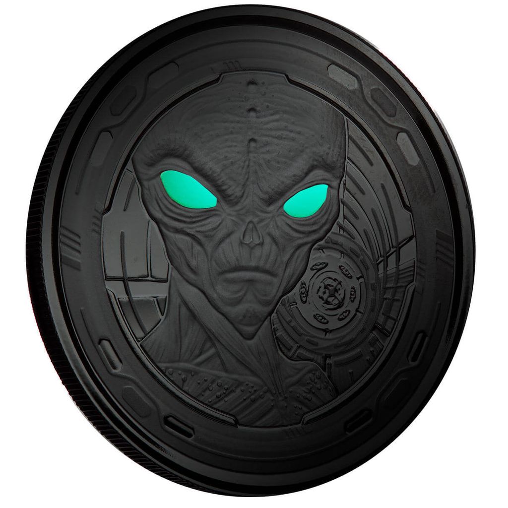 2022 Ghana Alien 1 oz Silver Black Rhodium Plated With UV Color Coin