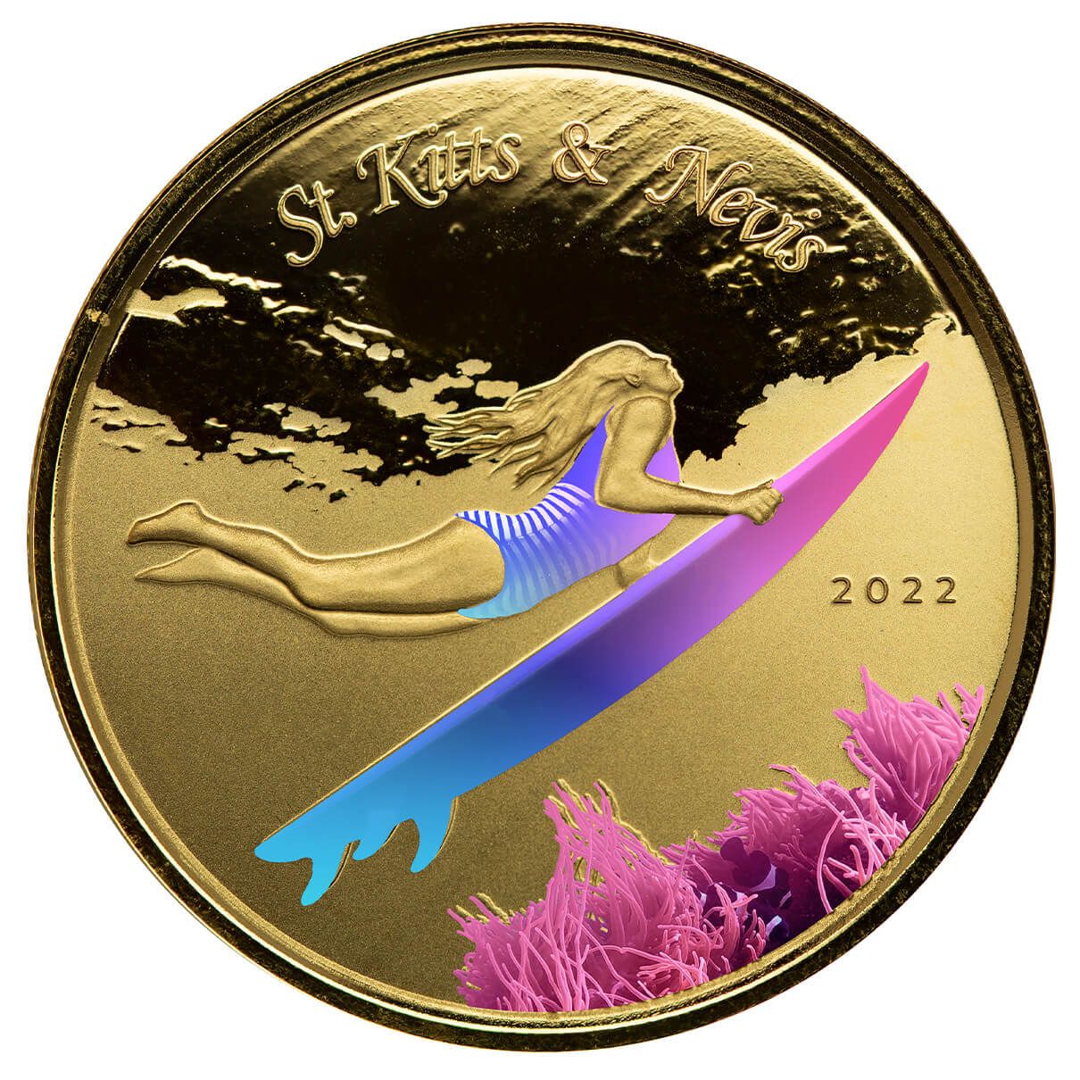 2022 EC8 St Kitts Underwater Surfer 1 oz Gold Color Coin