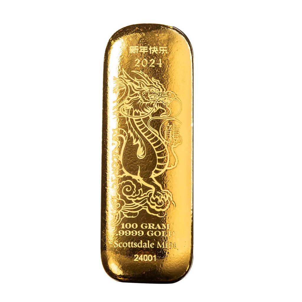 2024 Lunar Year of the Dragon 100 Gram 9999 Gold Cast Bar