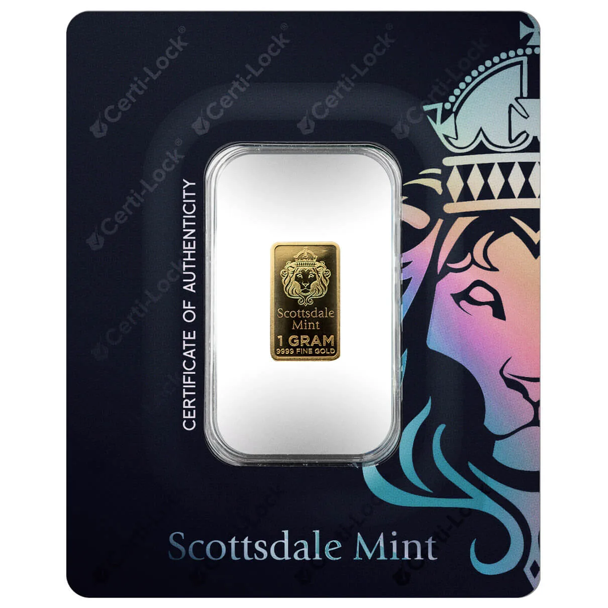 Scottsdale Prepper Gold 1 Gram Lion Gold Bar in Assay | Scottsdale Mint