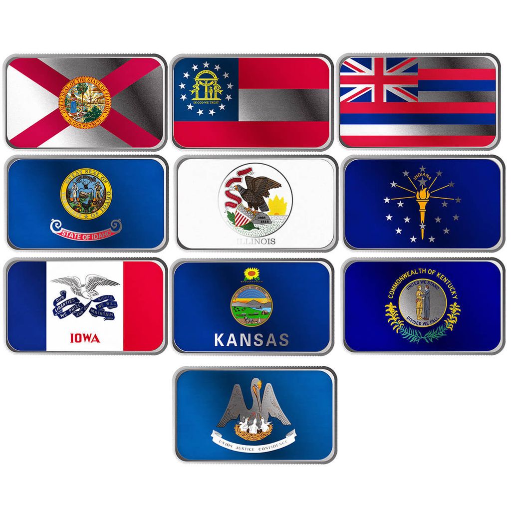 Shop All 50 USA State Flags 1 Troy Ounce 999 Fine Silver Color Bar Set