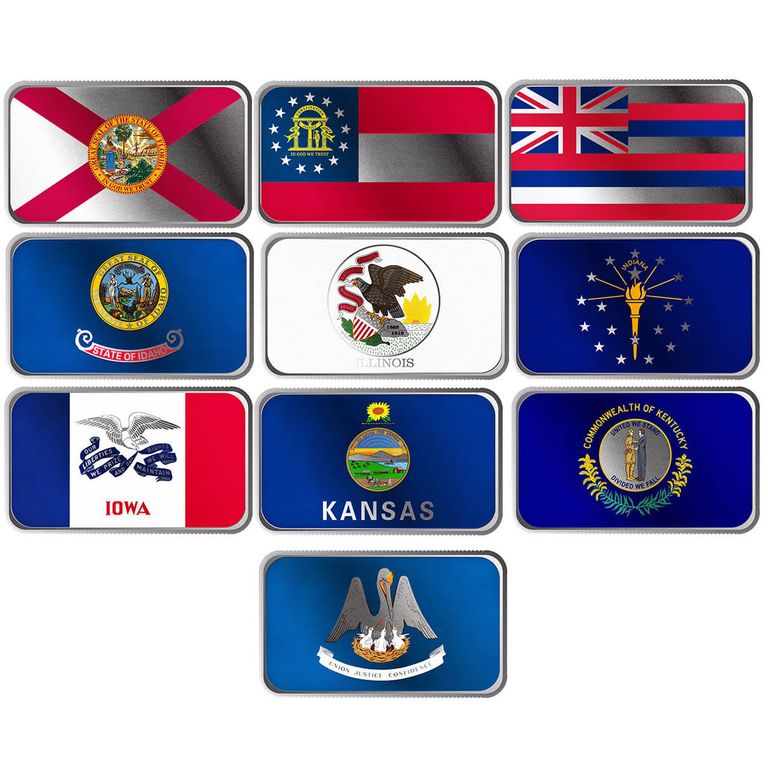 Shop All 50 USA State Flags 1 Troy Ounce 999 Fine Silver Color Bar Set