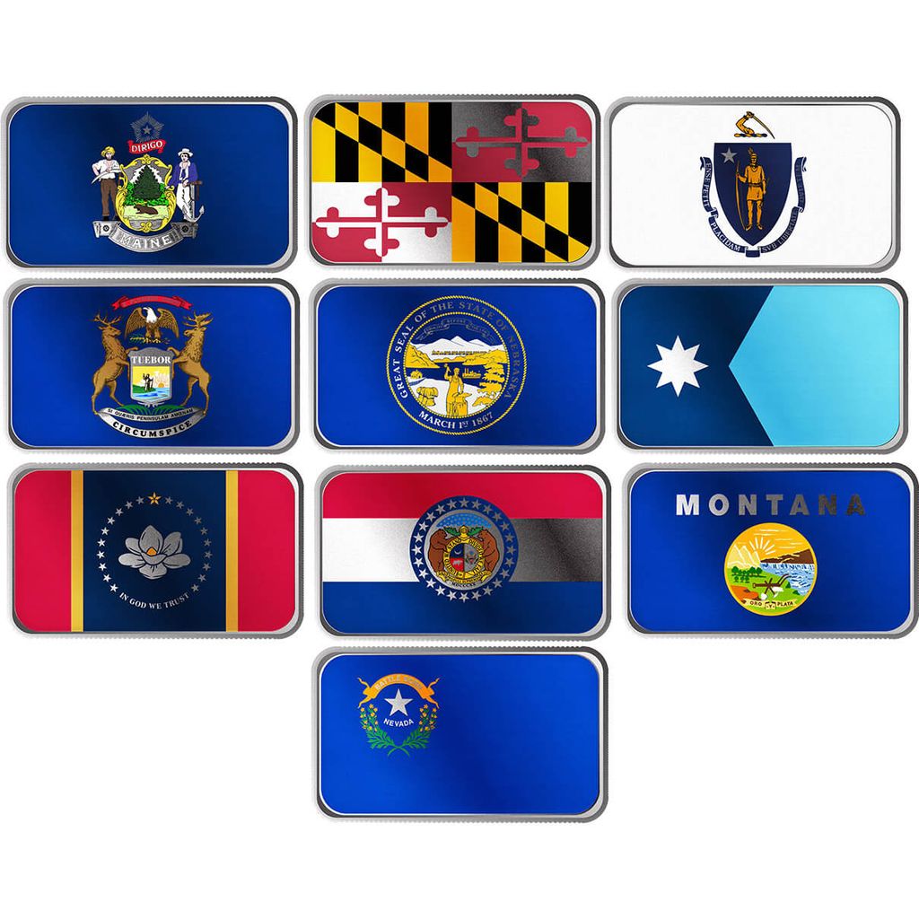 Shop All 50 USA State Flags 1 Troy Ounce 999 Fine Silver Color Bar Set