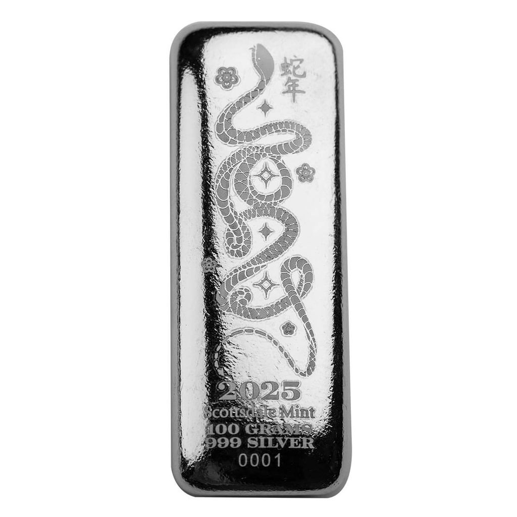 2025 Lunar Year of the Snake 100 Gram 999 Silver Cast Bar