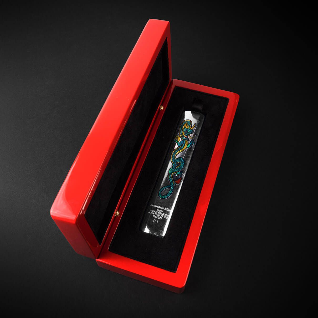 Silver Color Lucky Dragon Bar Red Lacquer Display Box | Scottsdale Mint